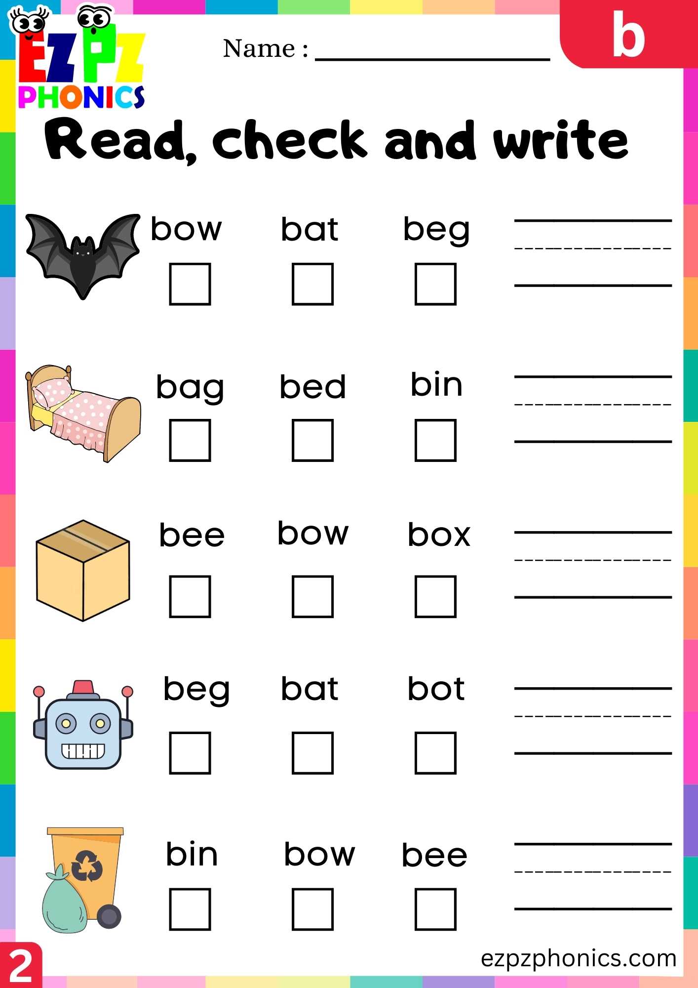 Group2 Letter b Read, Check and Write Beginning Sounds Worksheet - ezpzphonics.com